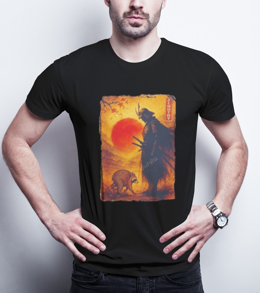 Jimothy Samurai Warrior And Raccoon Japanese Sunset T-Shirt