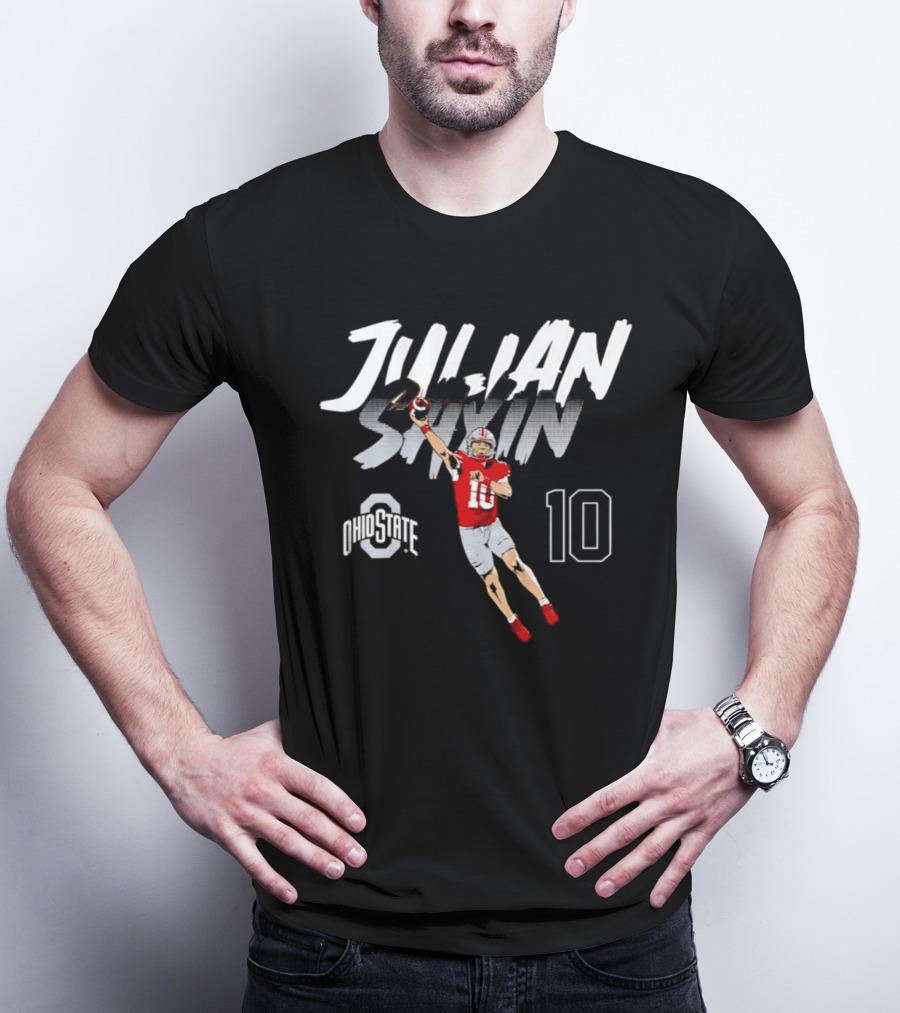 Julian Sayin Ohio State Buckeyes Number 10 Football Player Action Pose T-Shirt