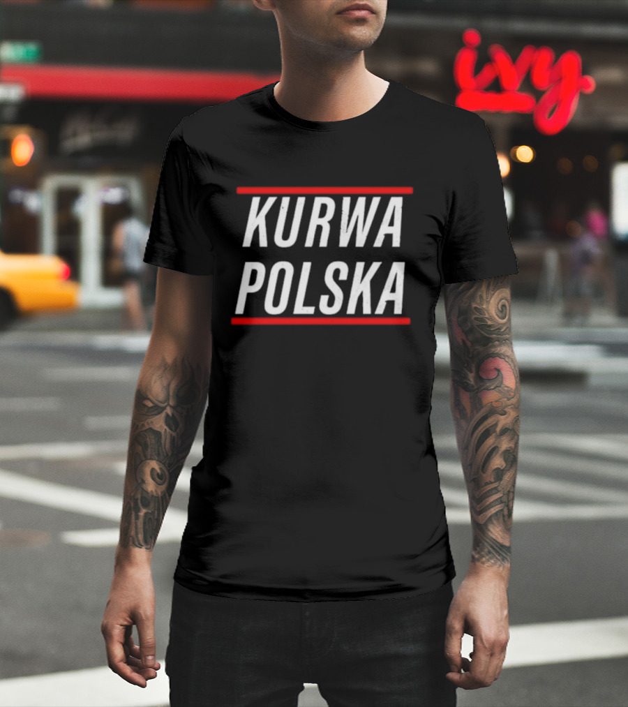 Kurwa Polska Bold White Text Design Red Lines T-Shirt