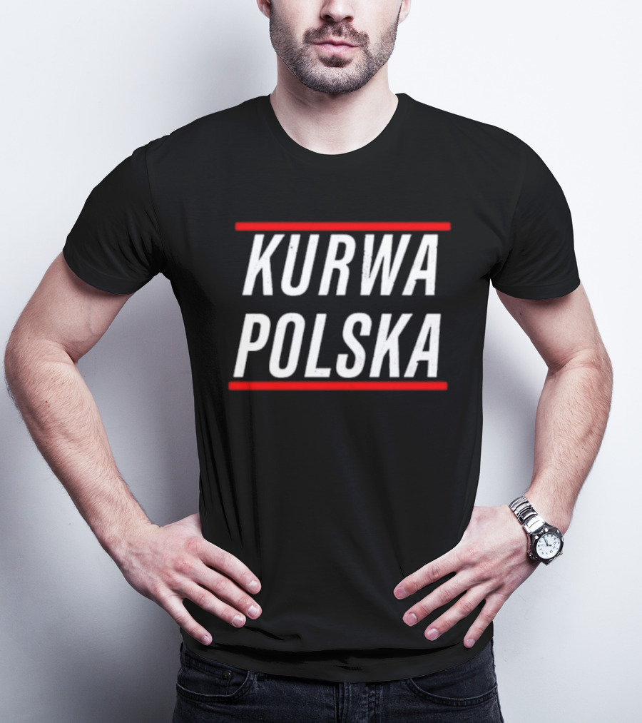Kurwa Polska Bold White Text Design Red Lines T-Shirt