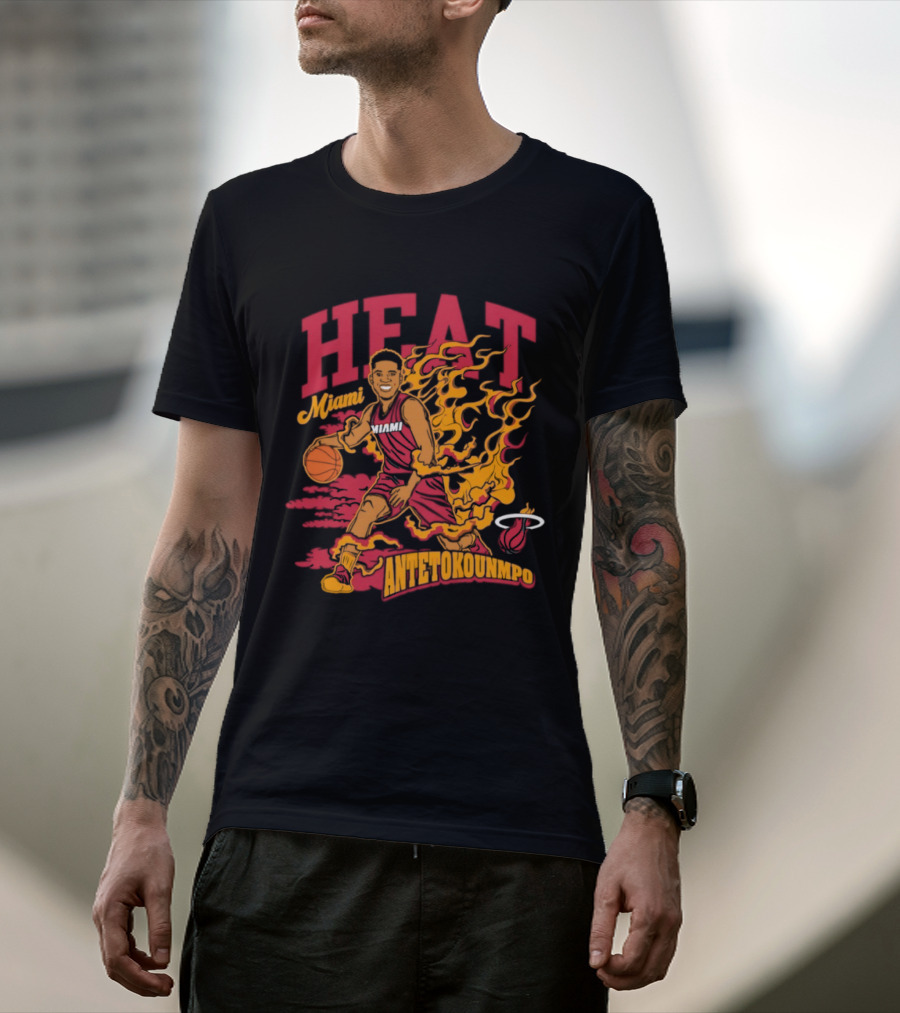 Miami Heat Giannis Antetokounmpo Basketball Caricature With Flames T-Shirt