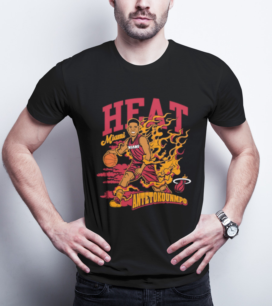Miami Heat Giannis Antetokounmpo Basketball Caricature With Flames T-Shirt