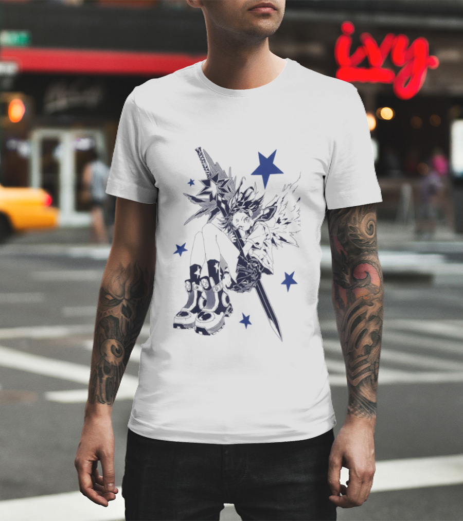 Arkestar Anime Girl Sword Wings Blue Stars T-Shirt