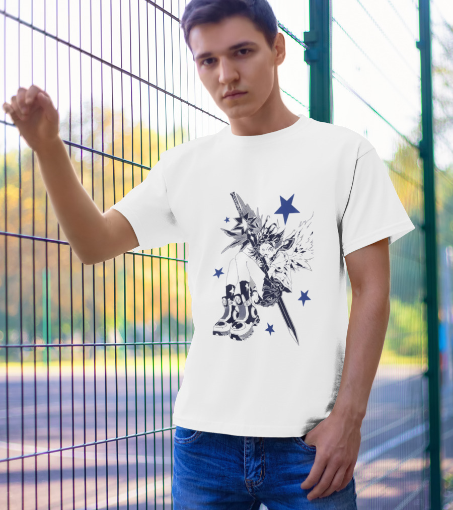 Arkestar Anime Girl Sword Wings Blue Stars T-Shirt