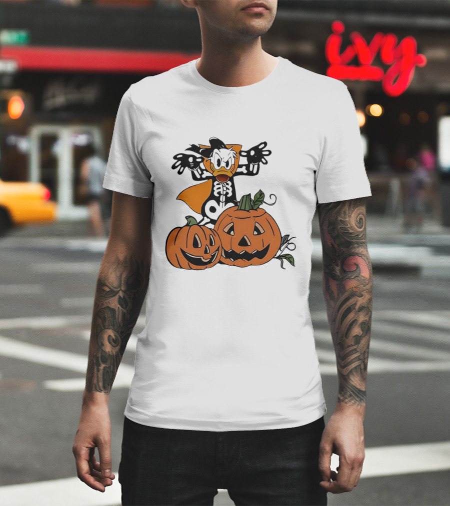 Donald Duck Skeleton Costume With Pumpkins Disney Halloween T-Shirt