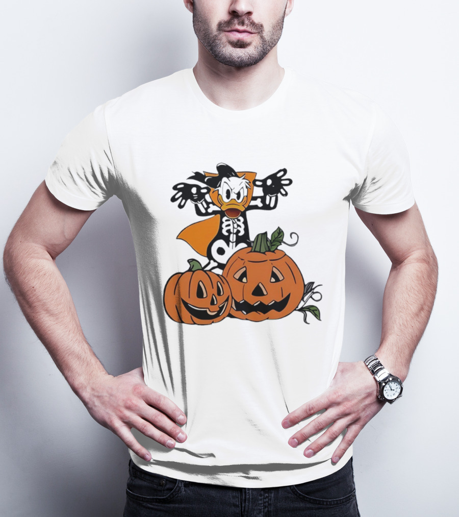 Donald Duck Skeleton Costume With Pumpkins Disney Halloween T-Shirt