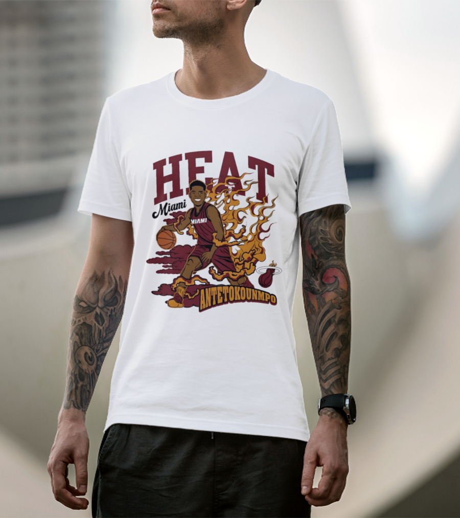 Miami Heat Antetokounmpo Basketball Flame Comic T-Shirt