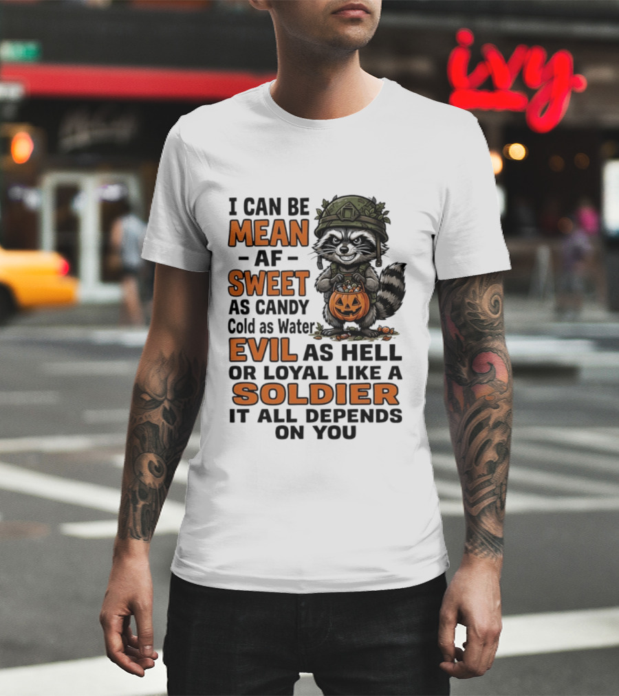 Raccoon I Can Be Mean AF Sweet As Candy Cold As Water Evil As Hell Or Loyal Like A Soldier It All Depends On You T-Shirt
