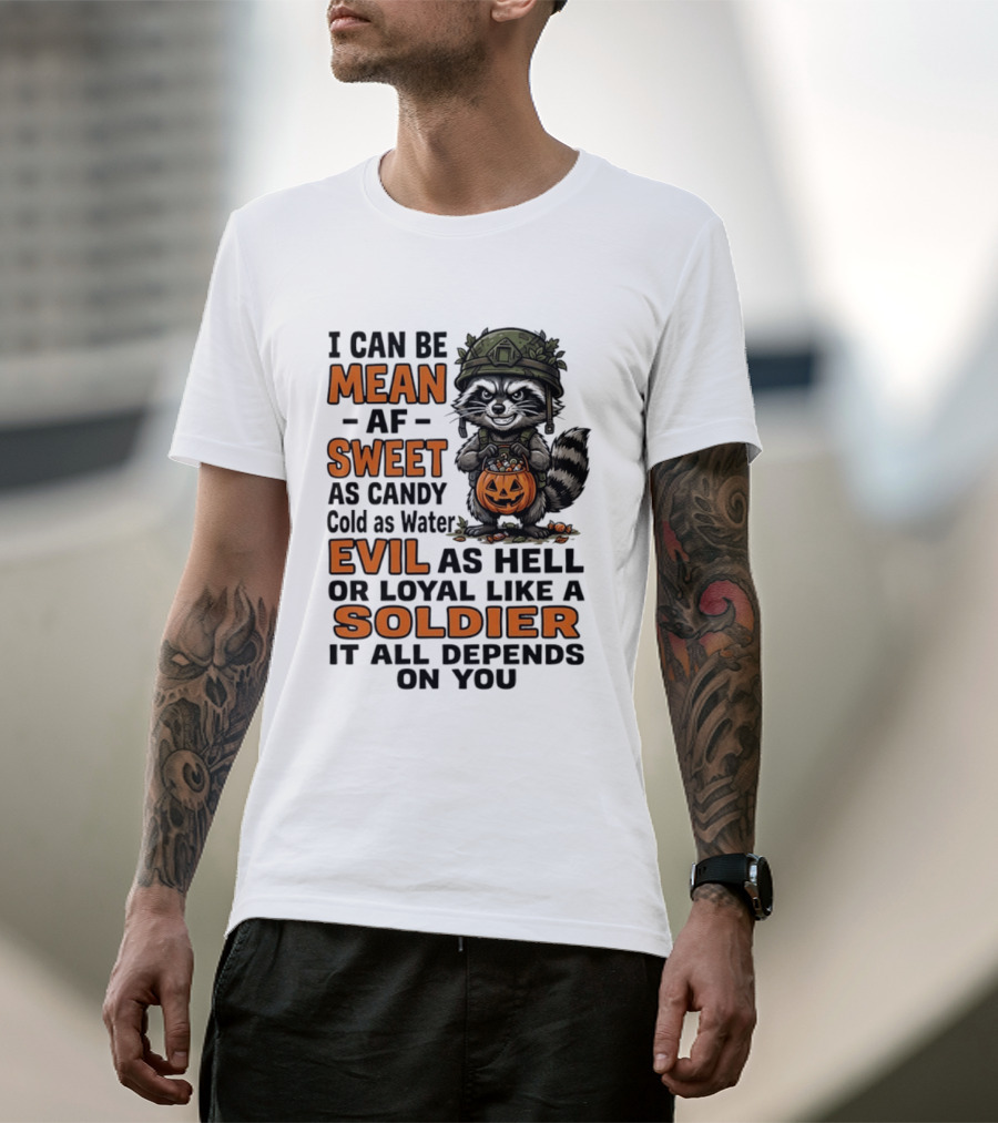 Raccoon I Can Be Mean AF Sweet As Candy Cold As Water Evil As Hell Or Loyal Like A Soldier It All Depends On You T-Shirt