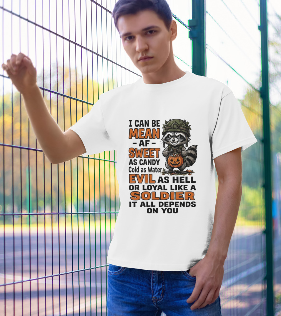 Raccoon I Can Be Mean AF Sweet As Candy Cold As Water Evil As Hell Or Loyal Like A Soldier It All Depends On You T-Shirt