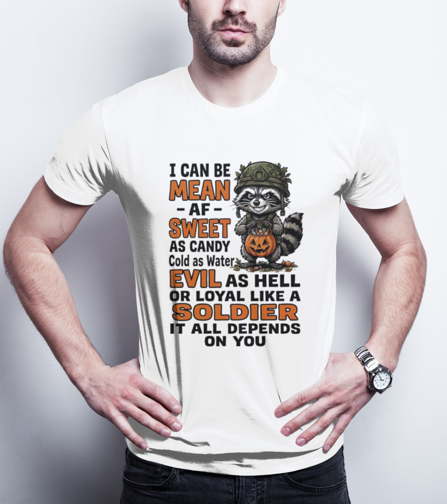 Raccoon I Can Be Mean AF Sweet As Candy Cold As Water Evil As Hell Or Loyal Like A Soldier It All Depends On You T-Shirt