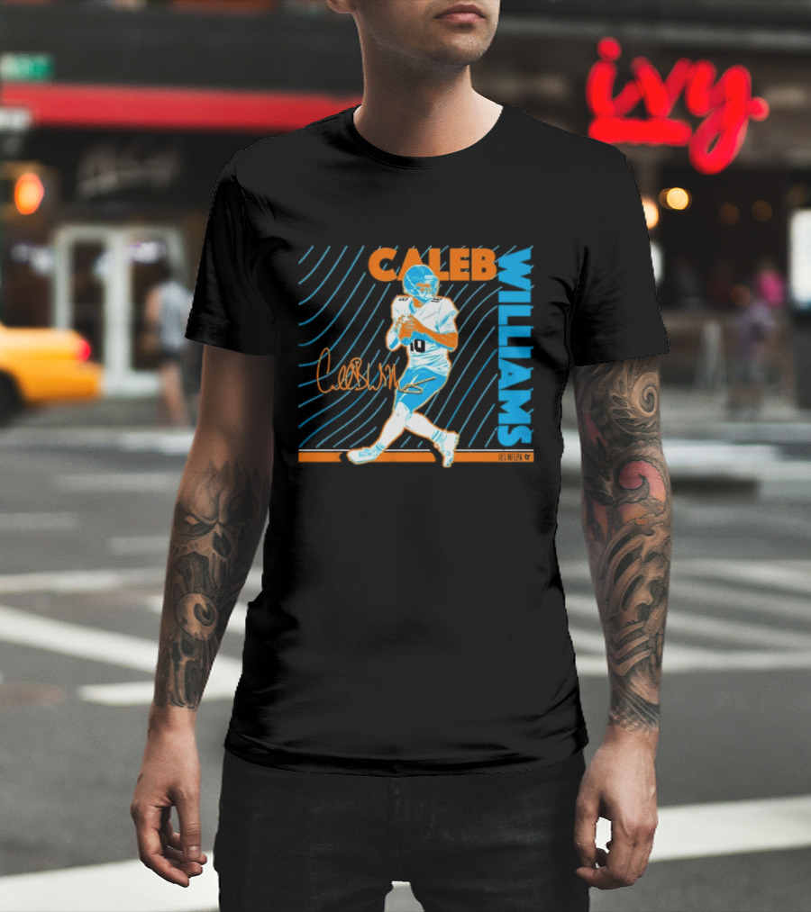 Caleb Williams Neon Nights Football Pose With Signature T-Shirt