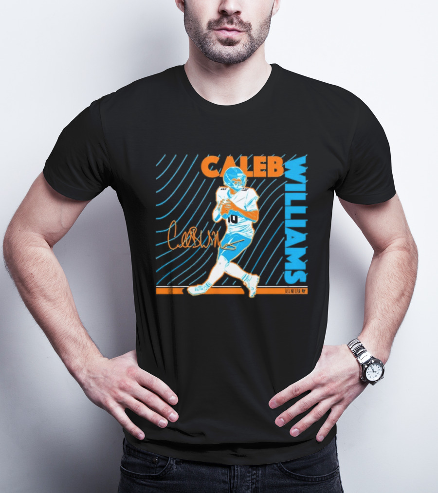 Caleb Williams Neon Nights Football Pose With Signature T-Shirt