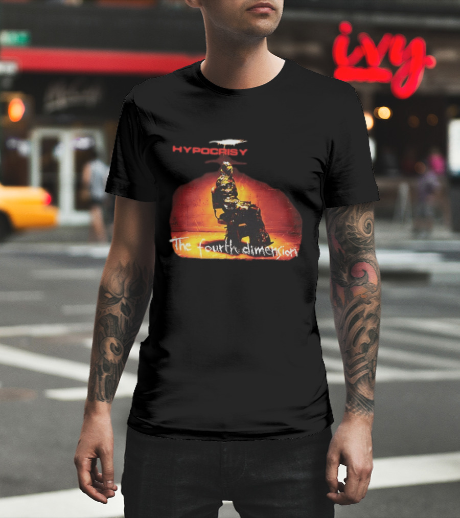Hypocrisy The Fourth Dimension Red Text And Seated Figure T-Shirt