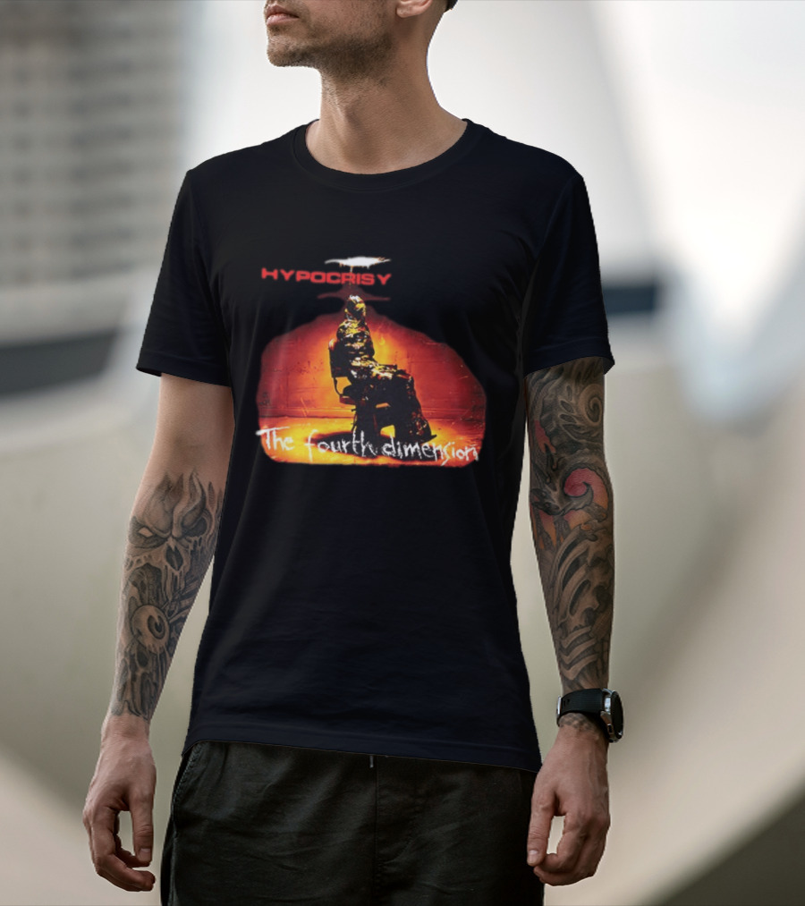 Hypocrisy The Fourth Dimension Red Text And Seated Figure T-Shirt
