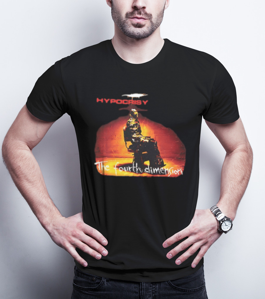 Hypocrisy The Fourth Dimension Red Text And Seated Figure T-Shirt