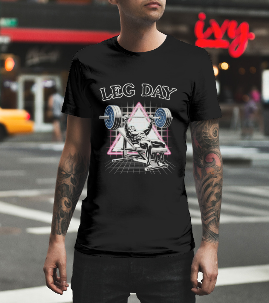 Leg Day Skeleton Weightlifting Gym Bodybuilding 80s Aesthetic Neon Triangle T-Shirt