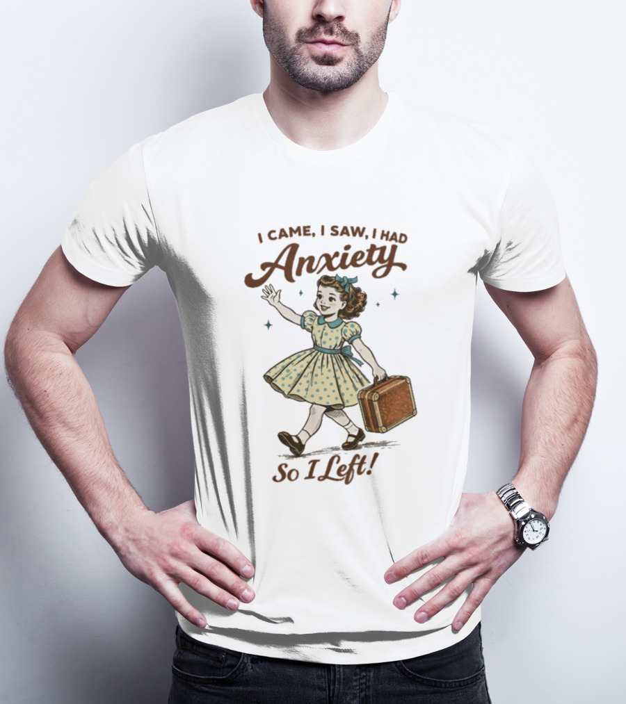 I Came I Saw I Had Anxiety So I Left Vintage Style Retro Girl Carrying Suitcase T-Shirt