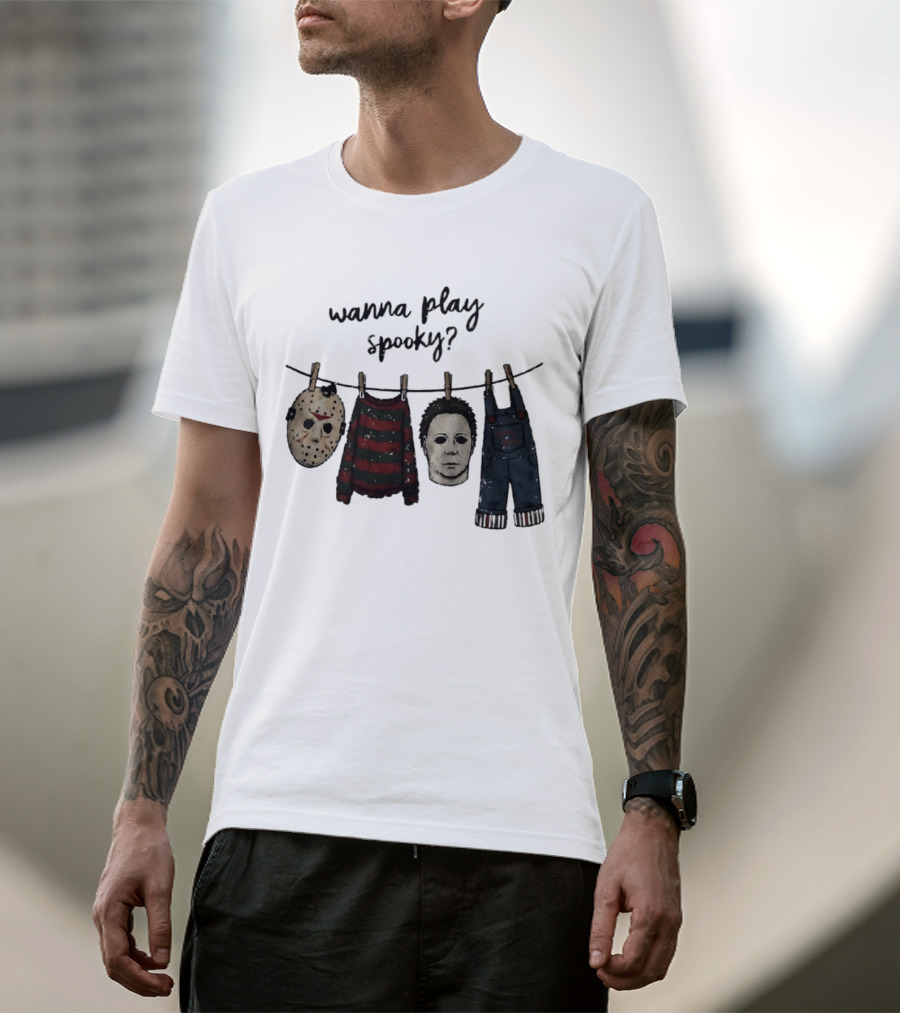 Wanna Play Spooky Halloween Horror Mask And Costume References T-Shirt