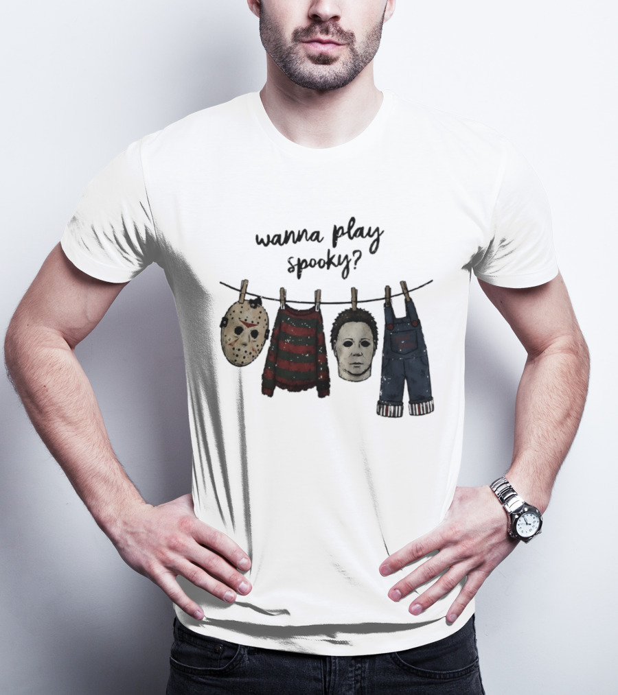 Wanna Play Spooky Halloween Horror Mask And Costume References T-Shirt