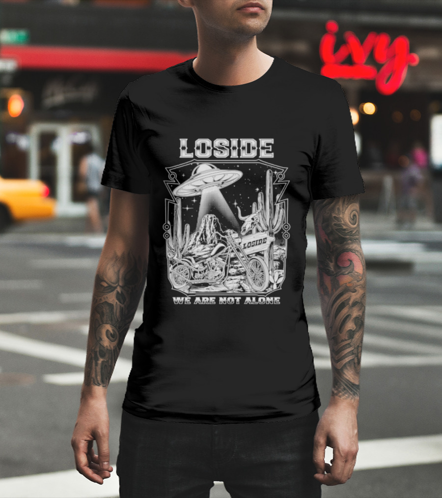 Loside We Are Not Alone UFO Motorcycle Desert Scene Cactus Stars T-Shirt