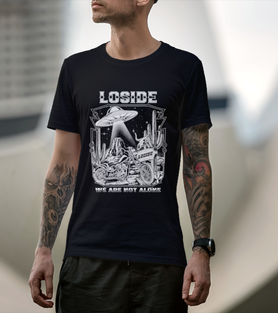 Loside We Are Not Alone UFO Motorcycle Desert Scene Cactus Stars T-Shirt