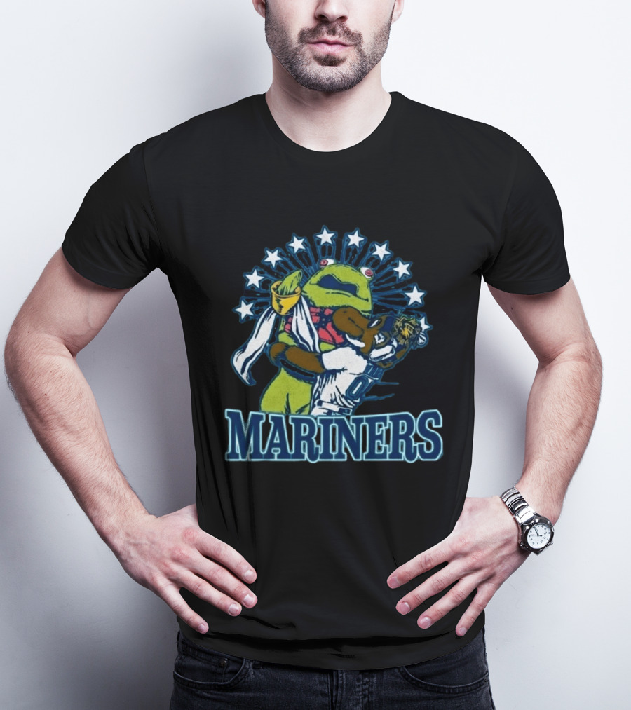 Mariner Moose Hugs Humpy Salmon With Mariners Stars T-Shirt