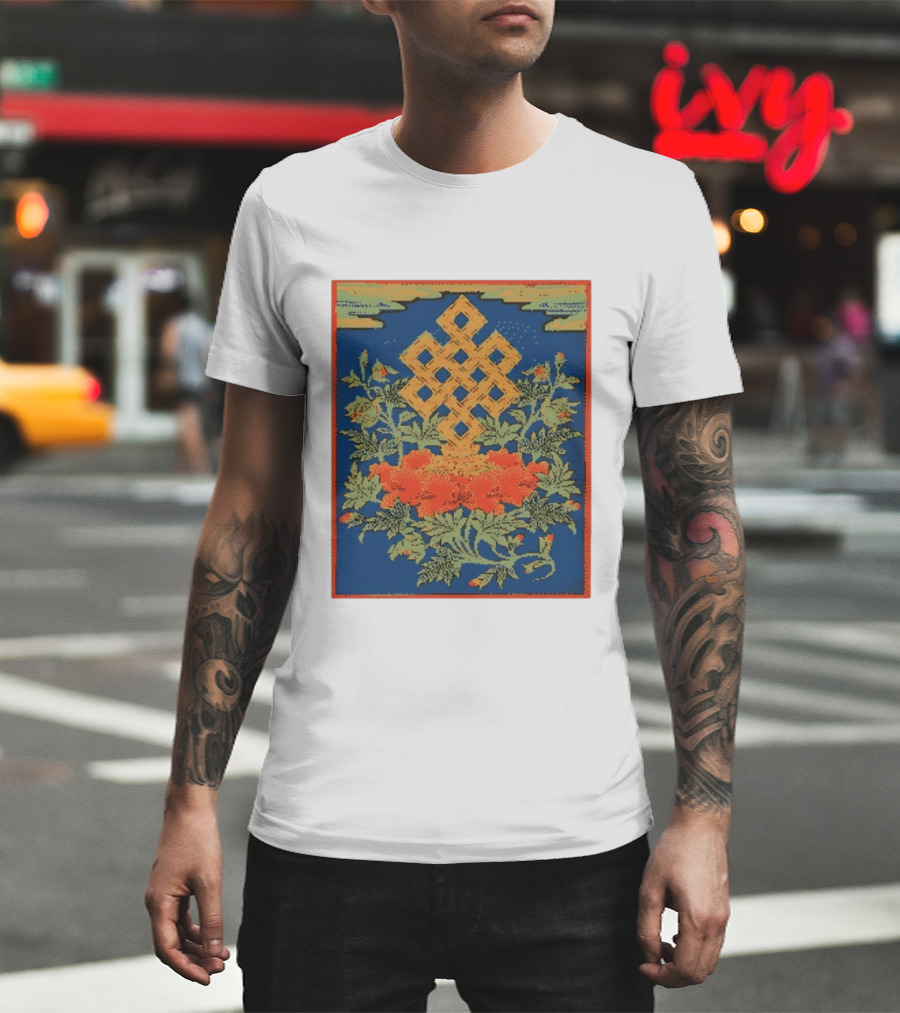 Srivatsa Endless Knot Floral Design Buddhist Symbol With Blossoms T-Shirt