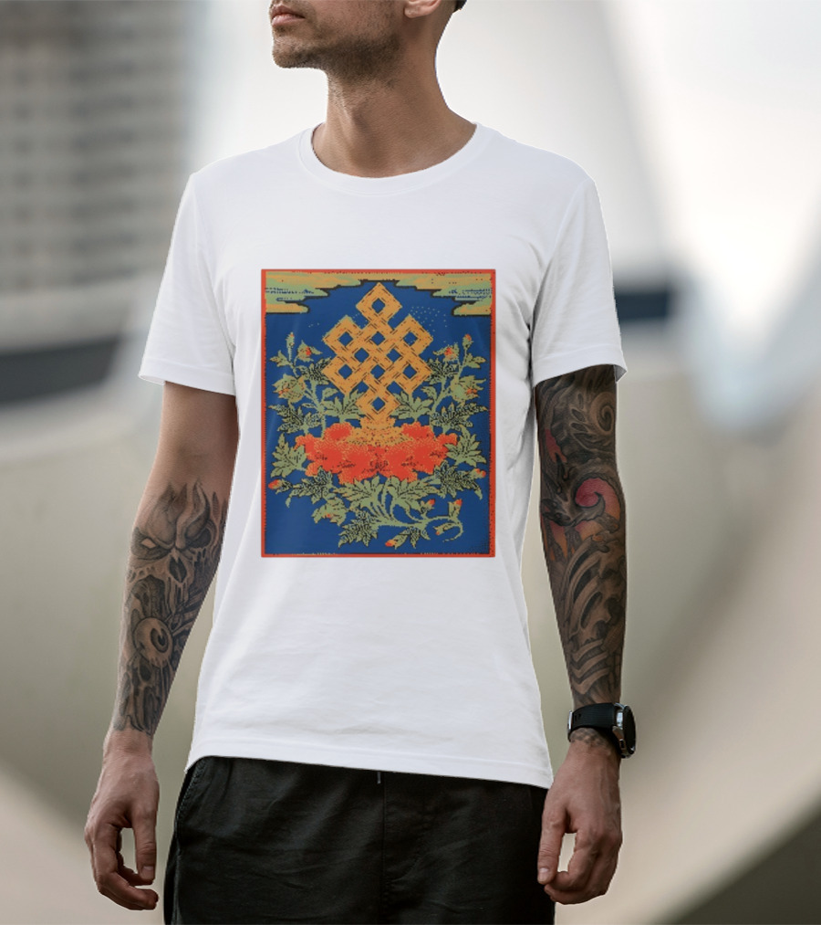 Srivatsa Endless Knot Floral Design Buddhist Symbol With Blossoms T-Shirt