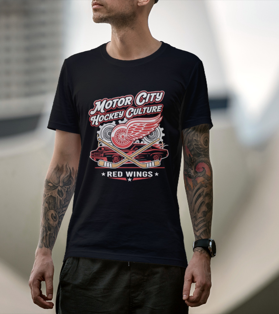 Motor City Hockey Culture Red Wings NHL Classic Logo And Car T-Shirt