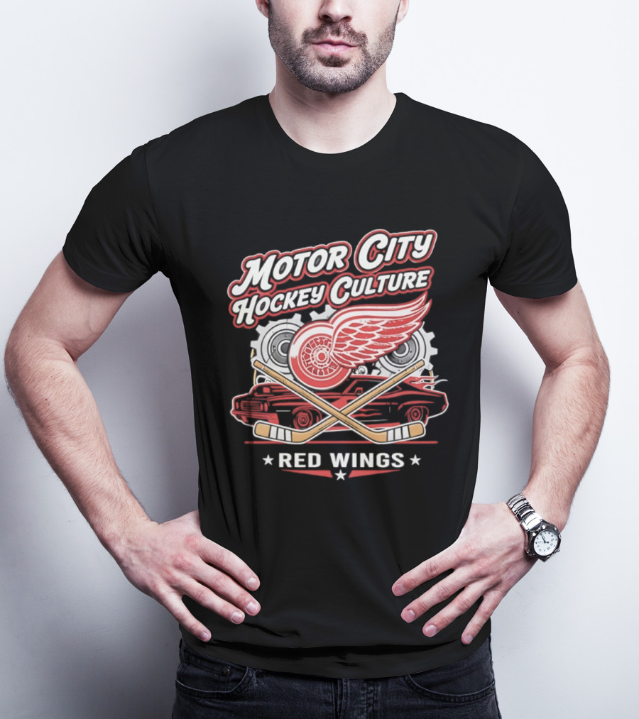 Motor City Hockey Culture Red Wings NHL Classic Logo And Car T-Shirt
