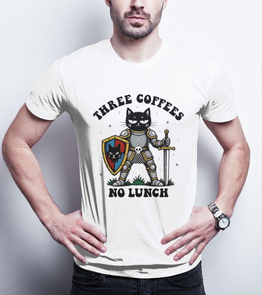 Three Coffees No Lunch Black Cat Armored Knight Shield T-Shirt