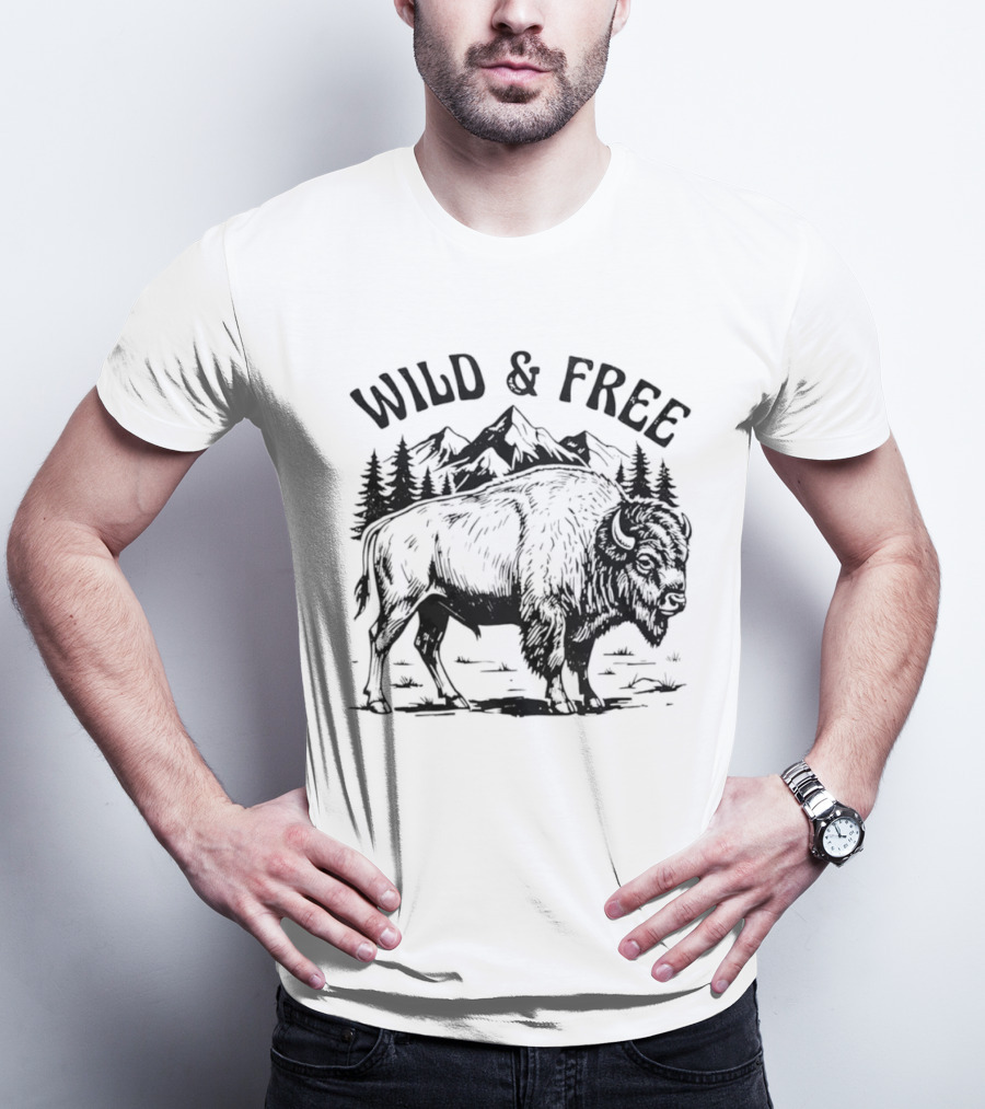 Wild And Free Bison With Mountain And Forest Scene T-Shirt