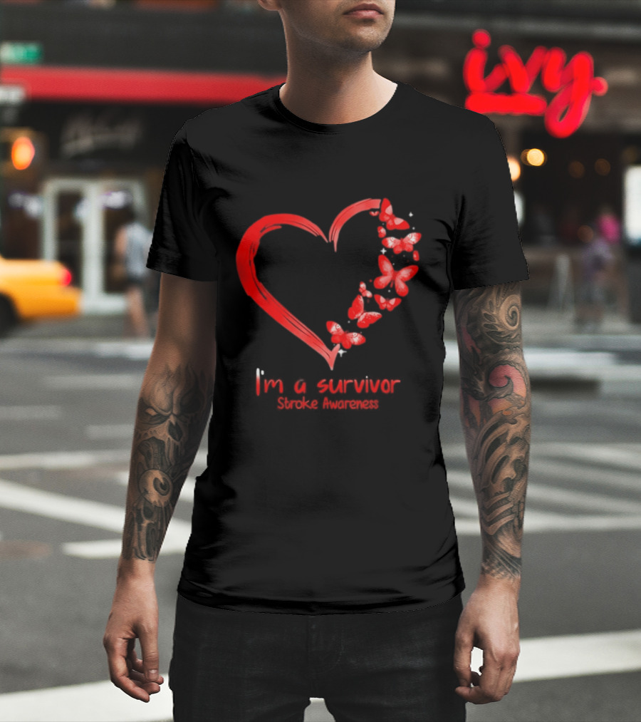 I'm A Survivor Stroke Awareness Heart And Red Butterflies T-Shirt