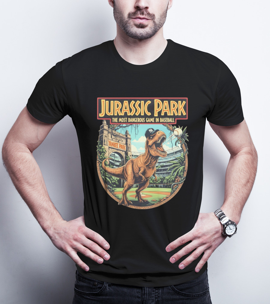 Jurassic Park The Most Dangerous Game In Baseball Yankee Park Rex Stadium Adventure T-Shirt