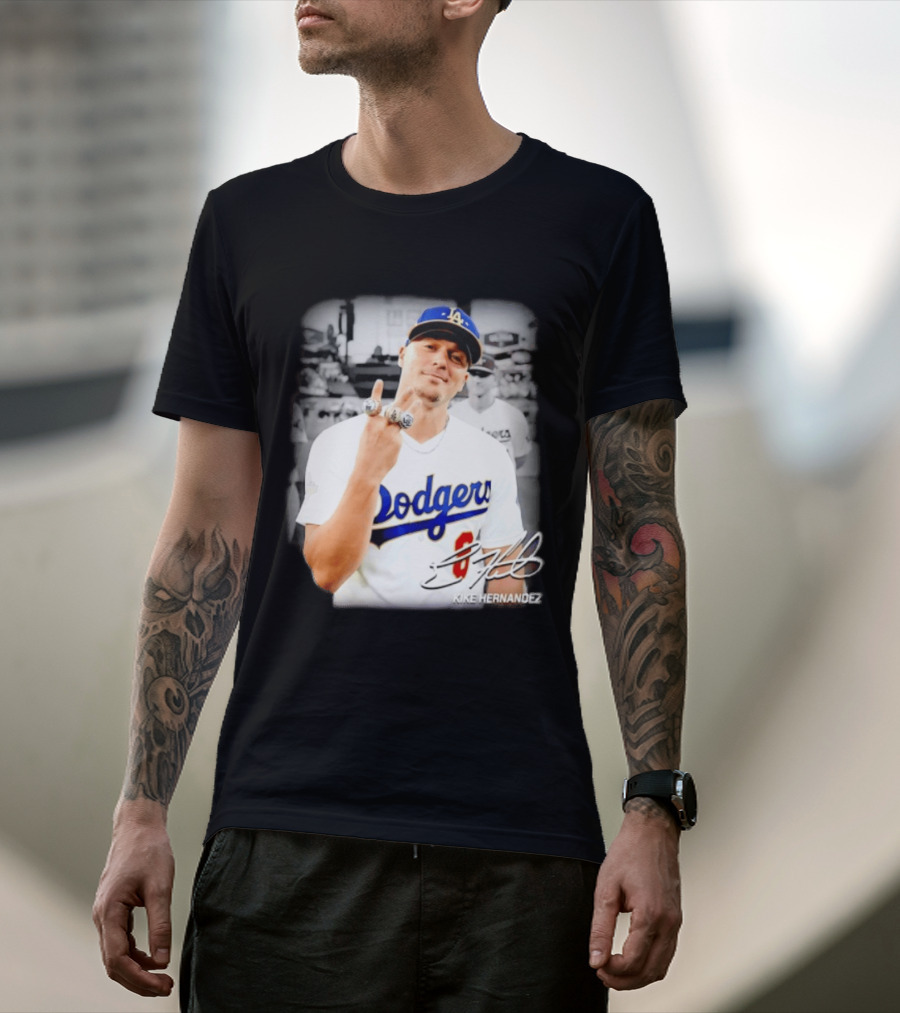 Kike Hernandez Los Angeles Dodgers MLB Number 14 Autographed Photo T-Shirt