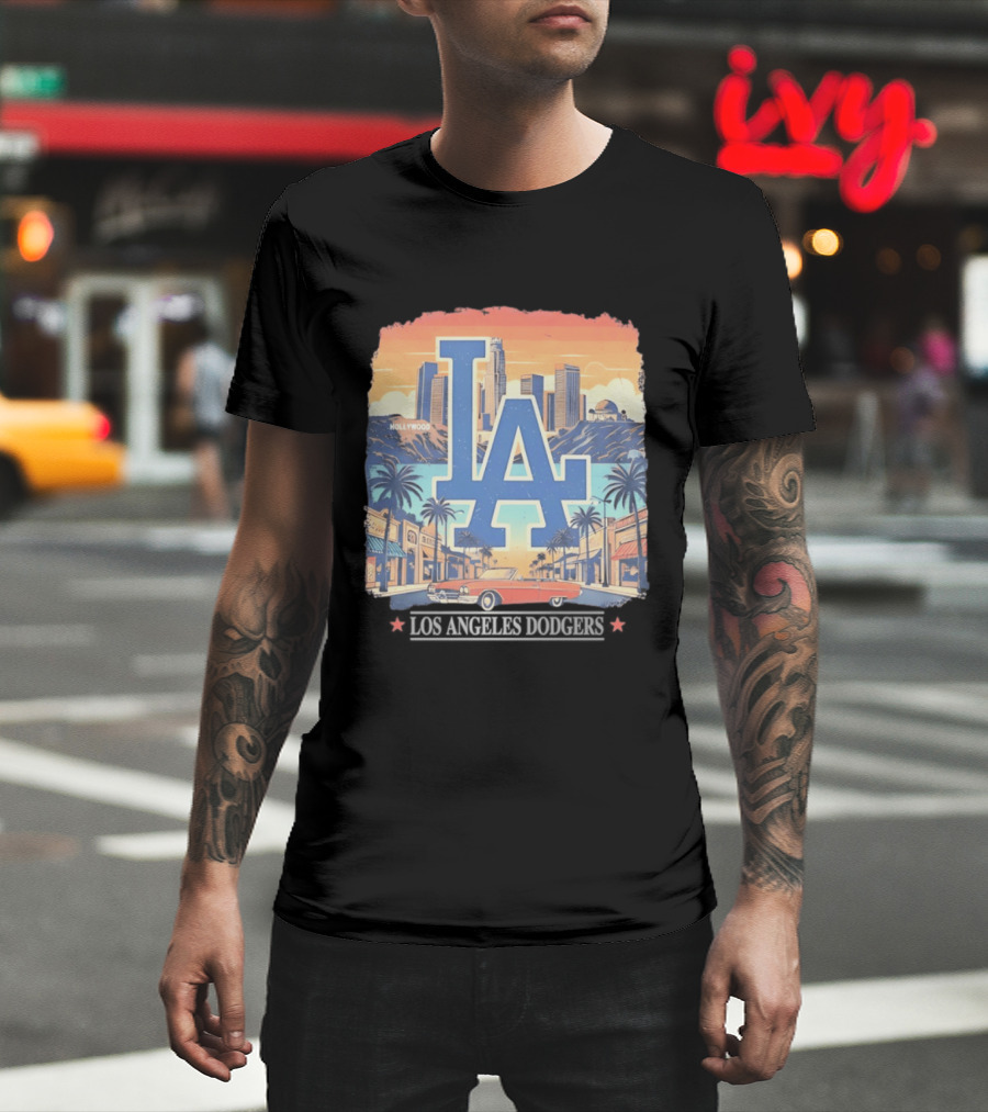 Los Angeles Dodgers LA Hollywood Skyline Classic Car T-Shirt