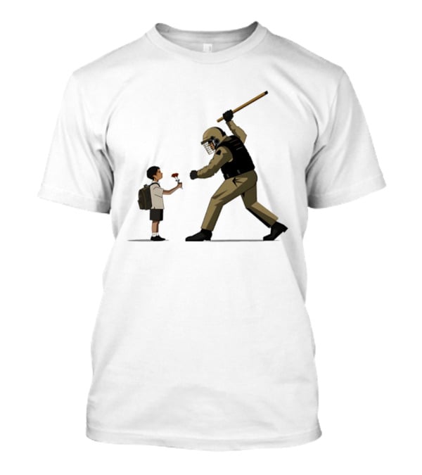 Bloom Under Fire: Child Offering Flower To Armed Officer T-Shirt