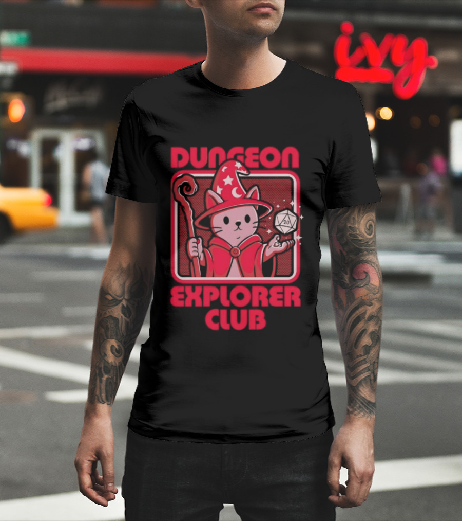 Dungeon Explorer Club Wizard Cat With D20 Dice Magic Wand T-Shirt
