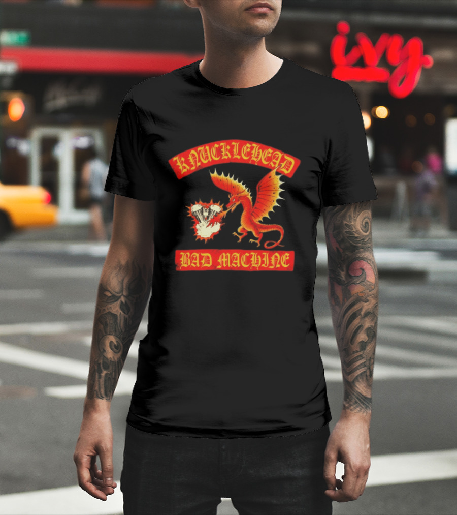Knucklehead Bad Machine Dragon Motorcycle Engine Fire Breathing T-Shirt