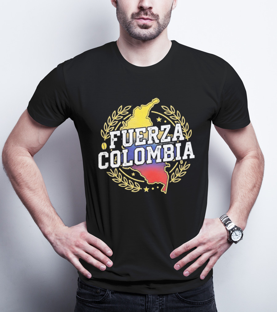 Fuerza Colombia Map Yellow Blue Red Laurel And Stars T-Shirt