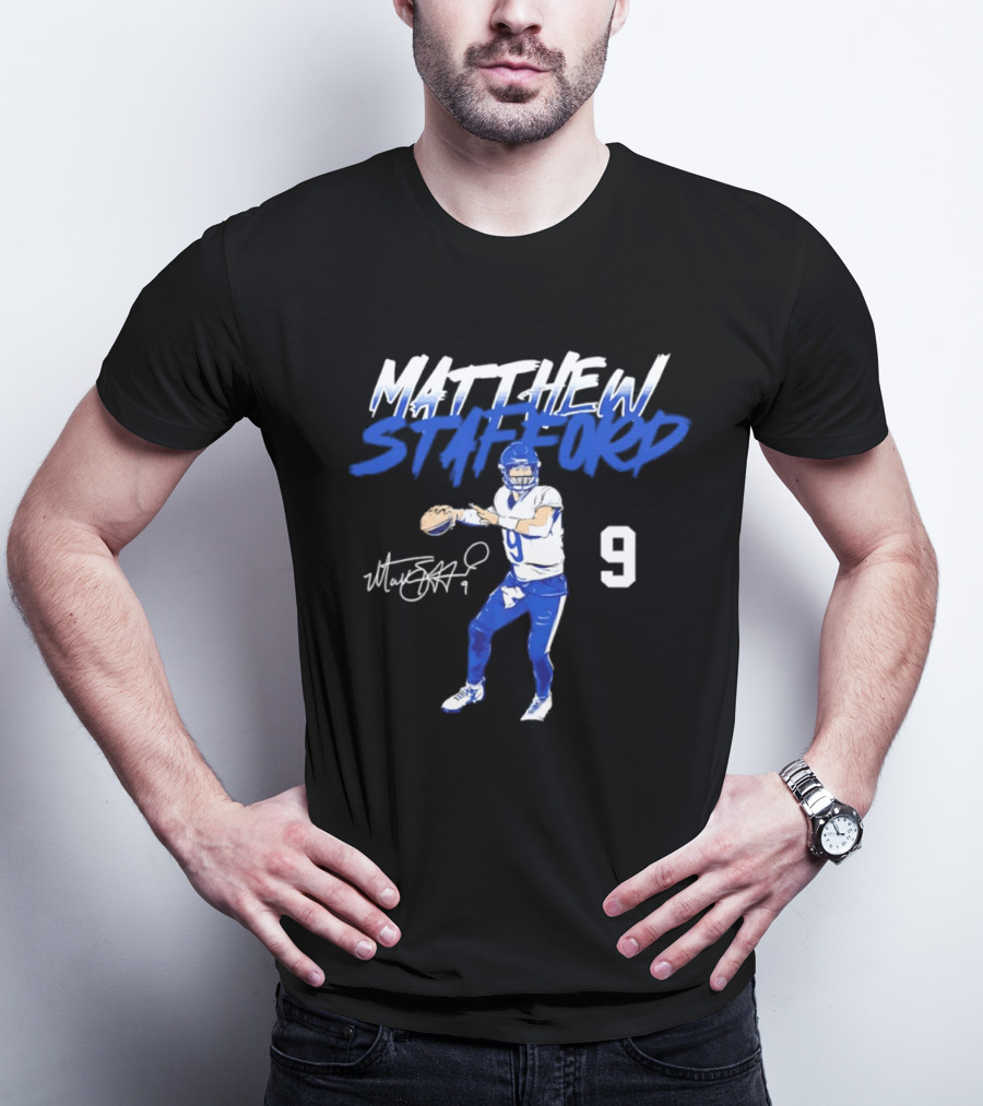 Matthew Stafford 9 Autograph Los Angeles Rams Quarterback Action Pose T-Shirt