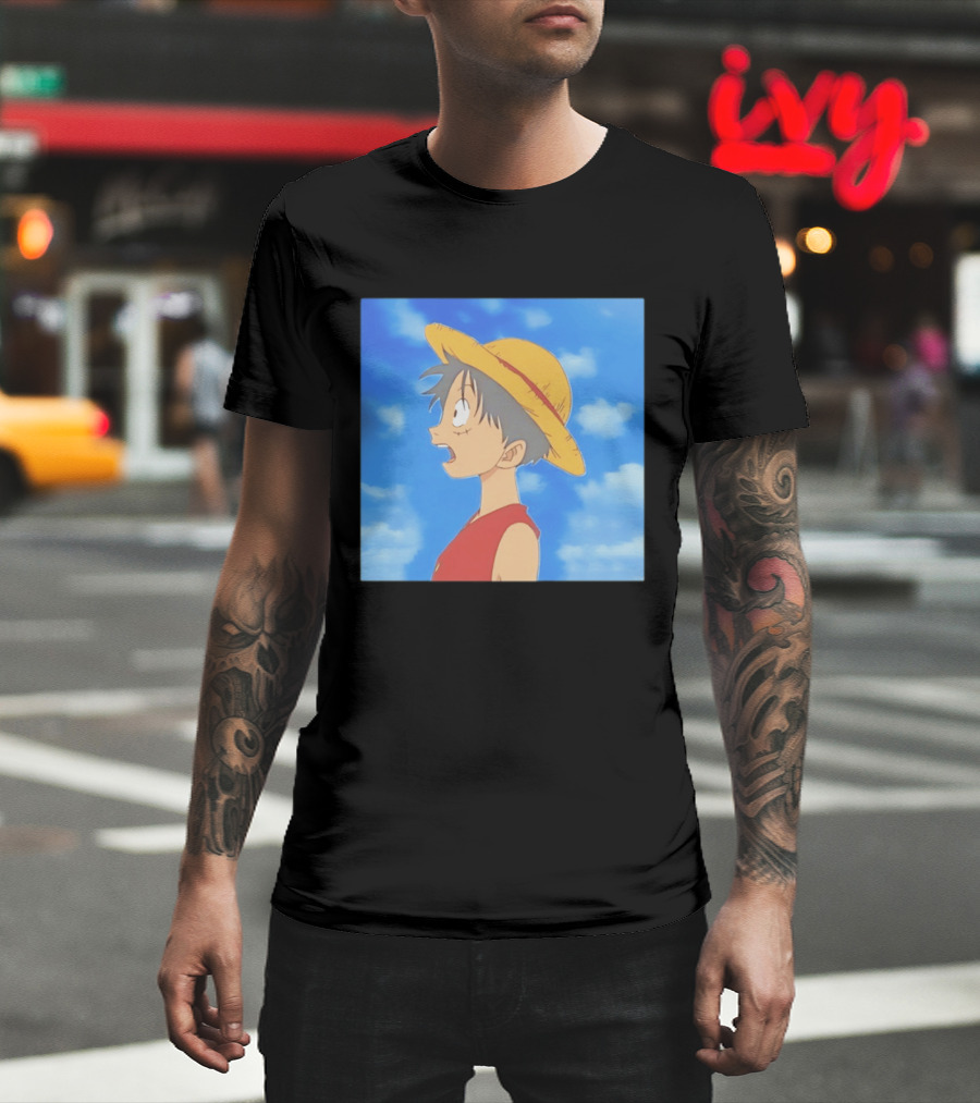 Monkey D Luffy Sky Gazing Red Vest Yellow Straw Hat Anime Scene Clouds Blue Sky T-Shirt