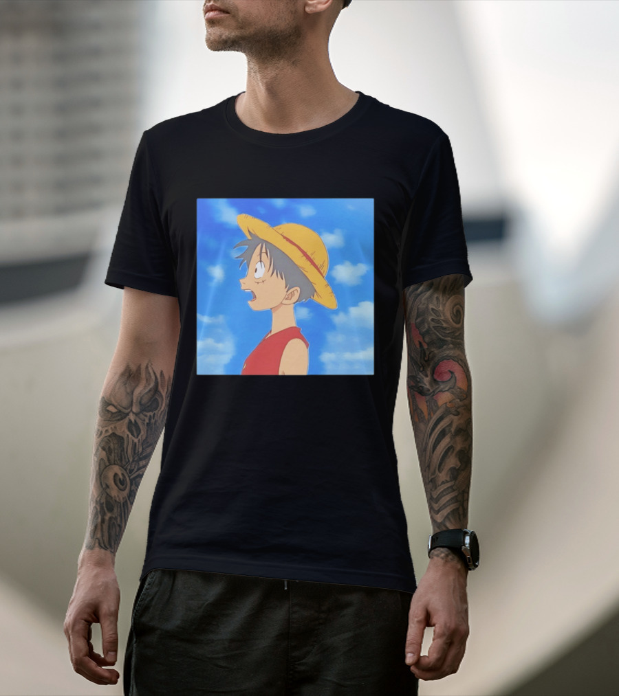 Monkey D Luffy Sky Gazing Red Vest Yellow Straw Hat Anime Scene Clouds Blue Sky T-Shirt