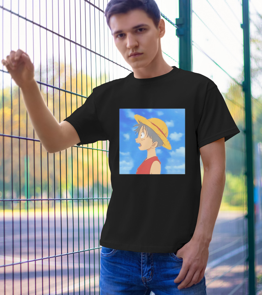 Monkey D Luffy Sky Gazing Red Vest Yellow Straw Hat Anime Scene Clouds Blue Sky T-Shirt