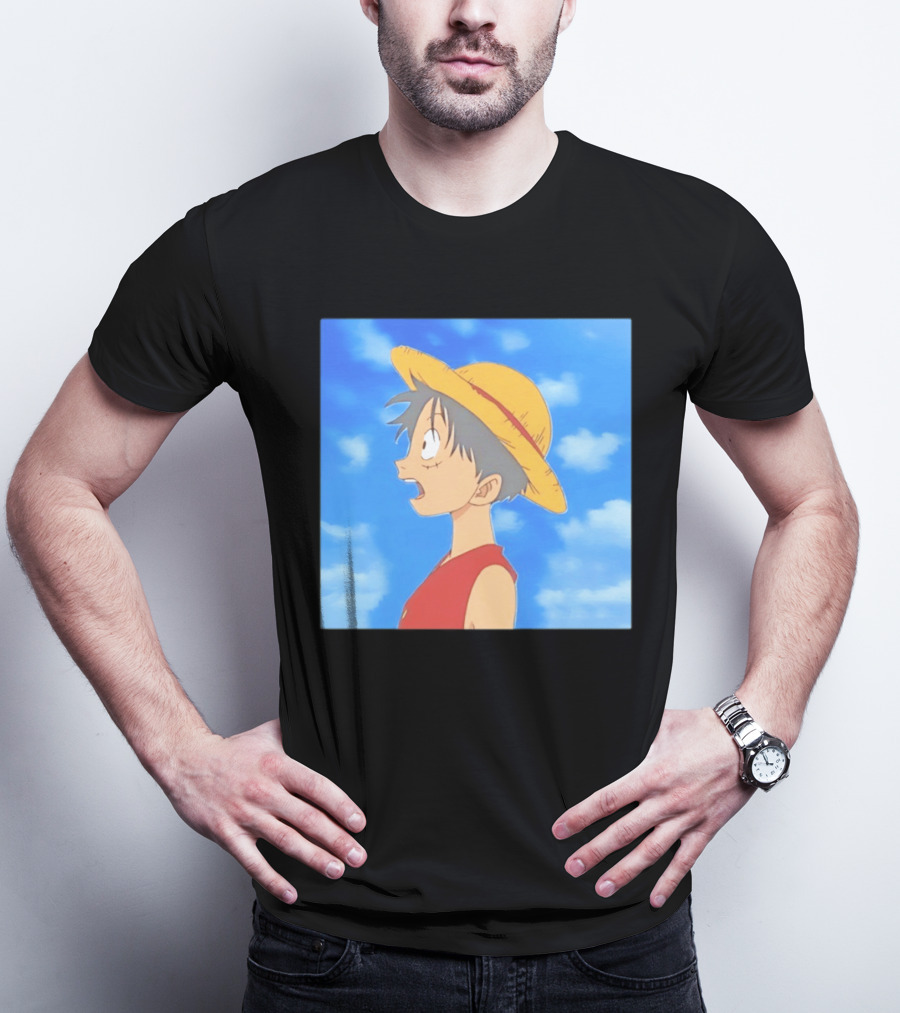 Monkey D Luffy Sky Gazing Red Vest Yellow Straw Hat Anime Scene Clouds Blue Sky T-Shirt