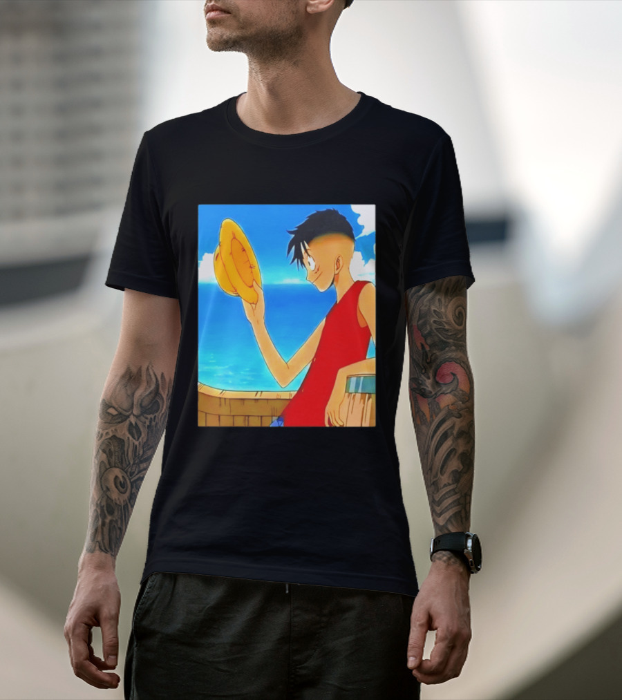 One Piece Luffy Taper Fade Anime Manga Straw Hat Ocean Scene T-Shirt