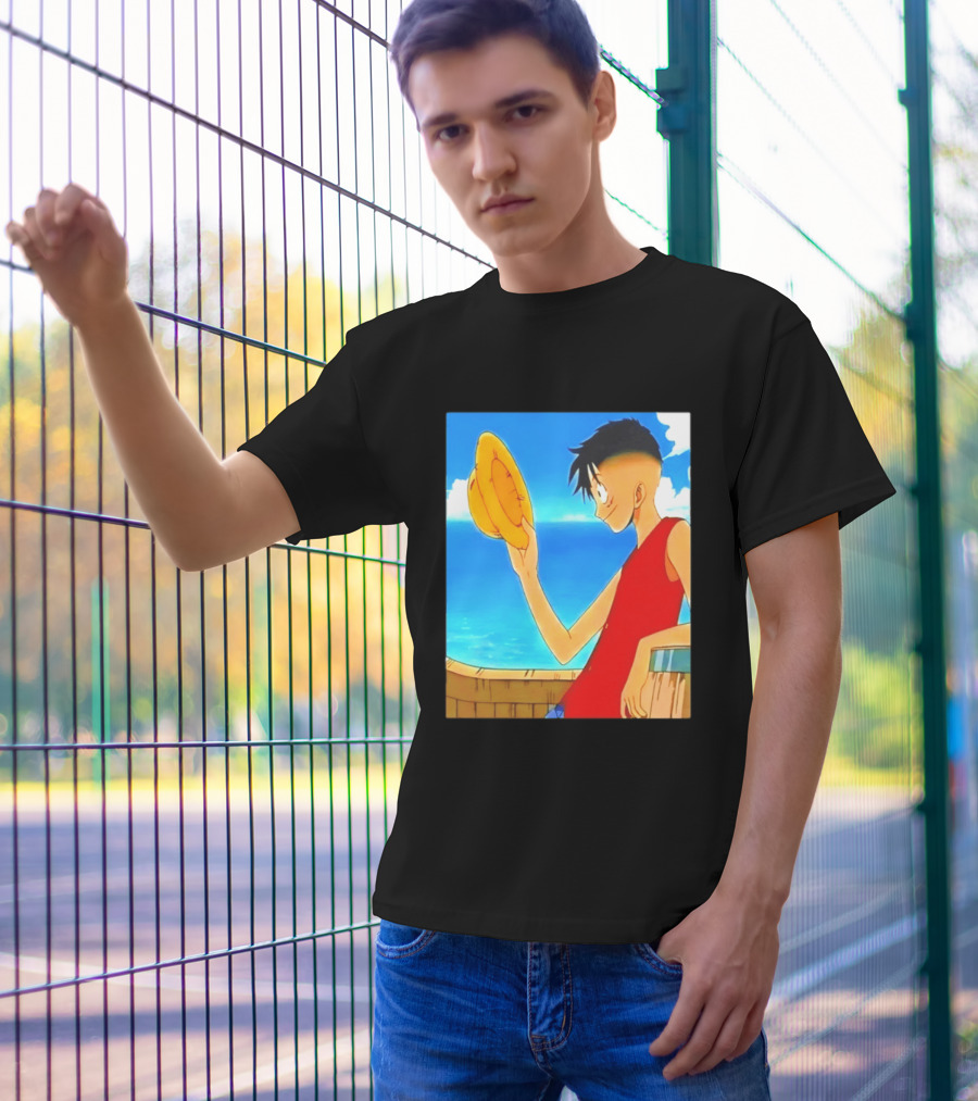 One Piece Luffy Taper Fade Anime Manga Straw Hat Ocean Scene T-Shirt