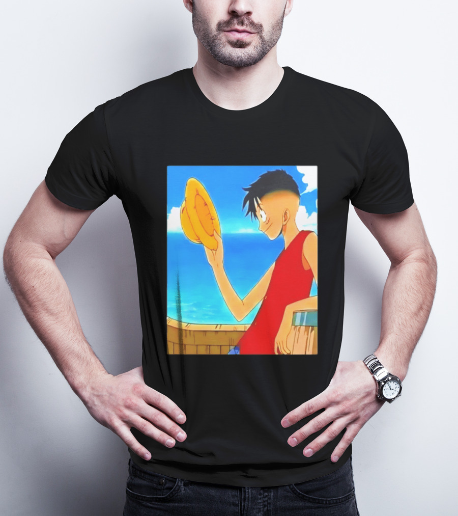 One Piece Luffy Taper Fade Anime Manga Straw Hat Ocean Scene T-Shirt