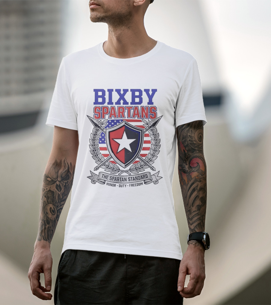 Bixby Spartans Honor Duty Freedom American Flag Shield T-Shirt